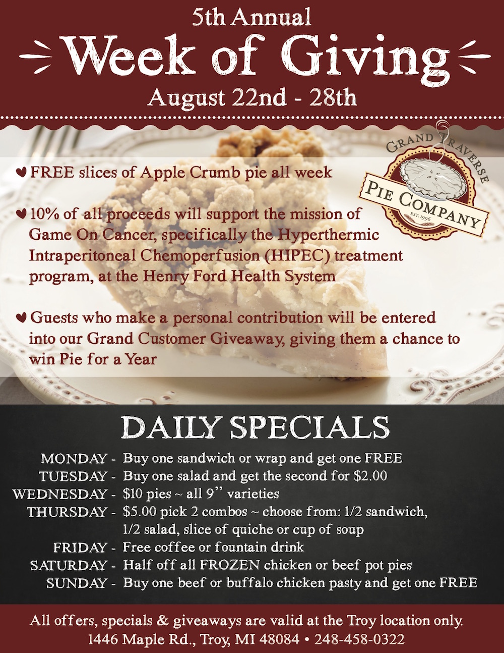 Grand Traverse Pie Company of Troy Celebrates 5th Annual ‘Week of ...